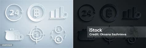 달러 기호 프레젠테이션 재무 그래프 일정 차트 다이어그램 인포 그래픽 파이 그래프 지갑 동전 환전소 암호 화폐 비트 코인 및 시계 24 시간 아이콘으로 대상을 설정합니다