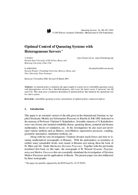 Pdf Optimal Control Of Queueing Systems With Heterogeneous Servers