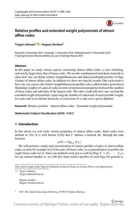 Relative Profiles And Extended Weight Polynomials Of Almost Affine Codes Request Pdf