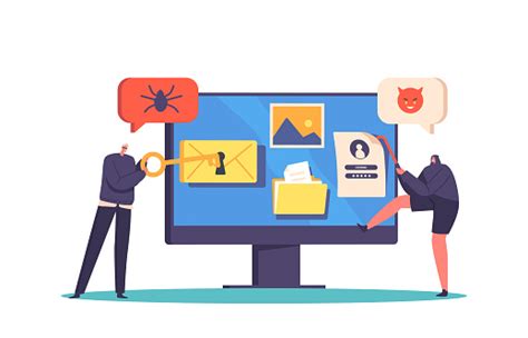 작은 해커 남성 캐릭터는 거짓 키와 크로우바로 거대한 컴퓨터를 해킹 인터넷을 통한 강도 피싱 스푸핑 스푸핑 공격에 대한 스톡 벡터 아트 및 기타 이미지 Istock