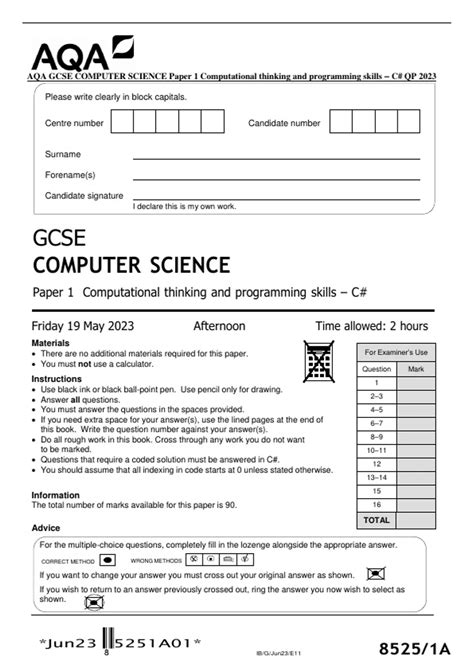 Aqa Gcse Computer Science Paper 1 Computational Thinking And Programming Skills C Qp 2023