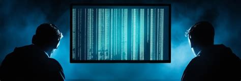 Hackers In The Dark Analyzing Code On A Computer Screen Two Hackers Are Working Together On