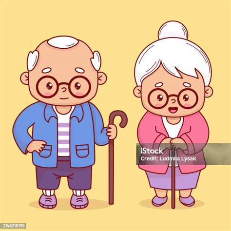 행복한 조부모 귀여운 노인 할머니와 백발의 남자가 막대기로 안경을 썼다 벡터 일러스트 레이 션입니다 고립 된 긍정적 인 만화 여성과 남성 캐릭터 할머니 숙녀와 할아버지