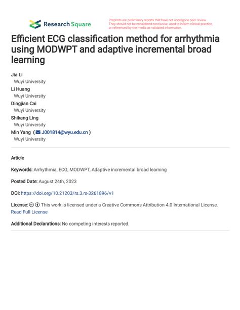 pdf efficient ecg classification method for arrhythmia using modwpt