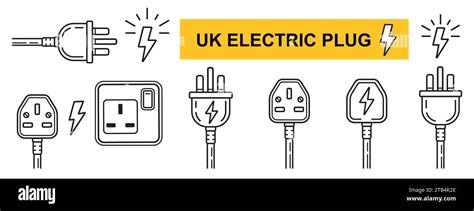 Uk Electric Plug Socket British Electrical Power Outlet Line Icon Set English Three Pin Ac