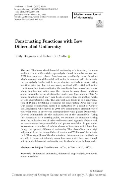 Constructing Functions With Low Differential Uniformity Request Pdf