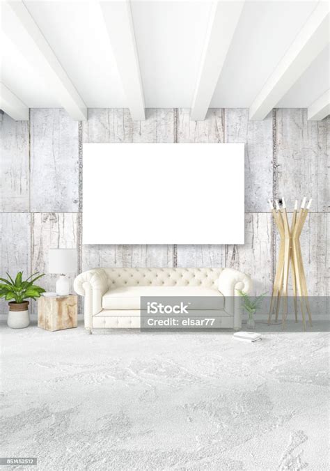 최소한의 스타일 화이트 침실 나무 벽과 회색 소파 인테리어 디자인 3d 렌더링입니다 3 차원 일러스트 레이 션 0명에 대한 스톡