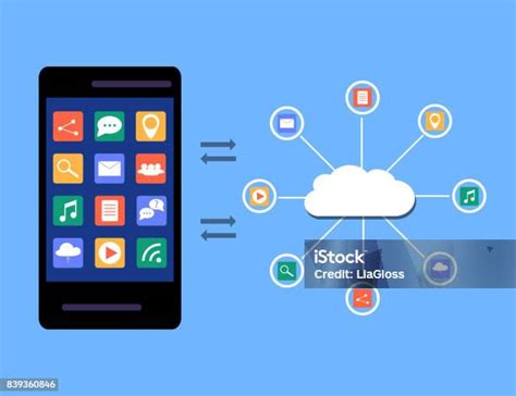 현대 클라우드 서비스 및 클라우드 컴퓨팅 요소 개념입니다 디바이스 기어와 구름에 연결 평면 그림입니다 개념에 대한 스톡 벡터