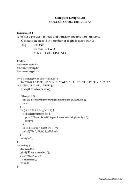Compiler Design Lab Experiment 1 Pdf