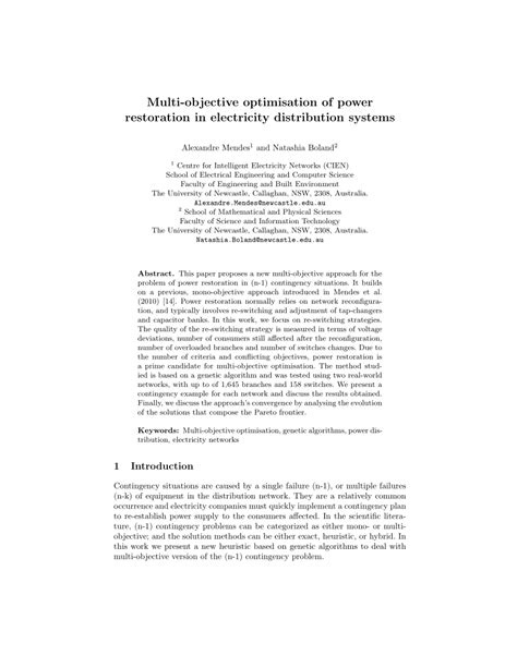 Pdf Multi Objective Optimisation Of Power Restoration In Electricity Distribution Systems