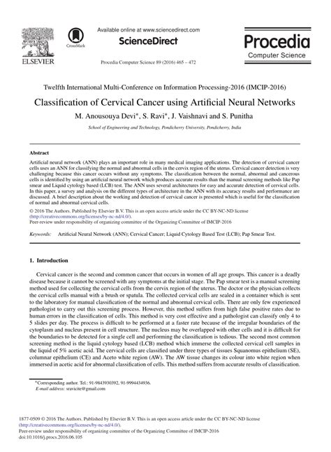 Pdf Classification Of Cervical Cancer Using Artificial Neural Networks