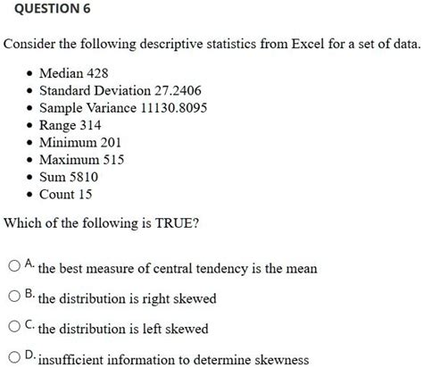 Solved Question 6 Consider The Following Descriptive Statistics From Excel For A Set Of Data