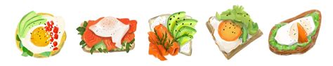 계란 채소 아보카도 및 소스 컬러 수채화 그림과 함께 아침 식사로 다양한 샌드위치 또는 토스트로 설정 건강한 식생활에 대한 스톡