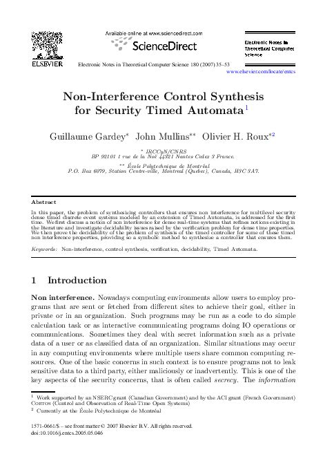 pdf non interference control synthesis for security timed automata