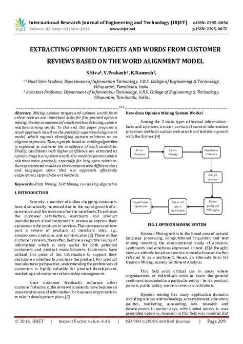 pdf extracting opinion targets and words from customer reviews based on the word alignment model
