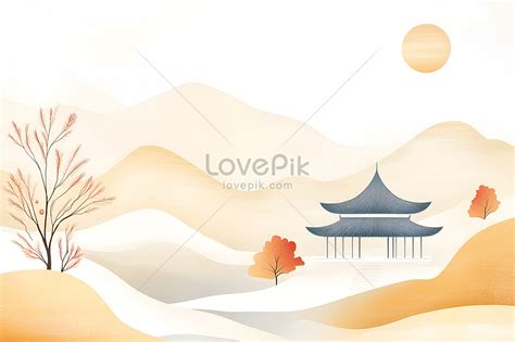 산과 강 사이에 있는 고대 정자 일러스트 무료 다운로드 Lovepik
