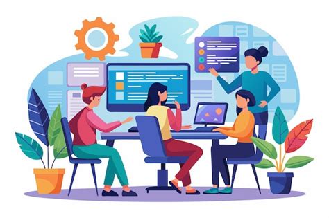 A Group Of Programmers Engages In Collaborative Coding At A Desk In A Bright Modern Office