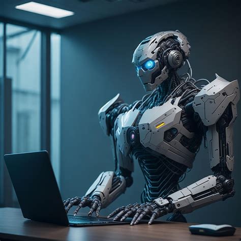 Premium Ai Image Humanoid Robot Working With Laptop Computer In Modern Office