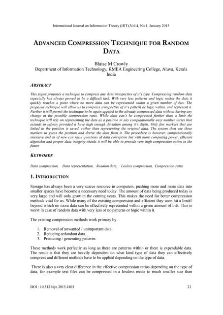 Advanced Compression Technique For Random Data Pdf