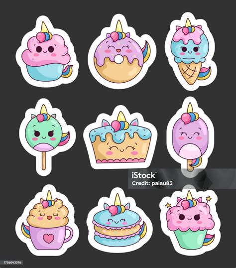 귀여운 귀여운 유니콘 요리와 디저트 스티커 책갈피 컵 케이크와 생일 케이크 행복한 캐릭터 어린이 파티와 축하 벡터 그리기 디자인 요소 모음 카와이에 대한 스톡 벡터 아트 및