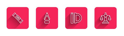 선 건설 거품 수준 나침반 그리기 각도기 및 눈금자 긴 그림자가 있는 정의의 비늘을 설정합니다 빨간색 사각형 버튼입니다 벡터 각도에 대한 스톡 벡터 아트 및 기타 이미지