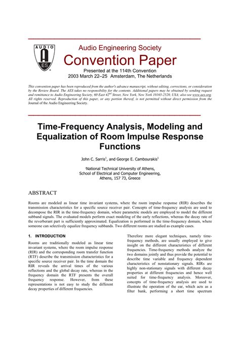 Pdf Time Frequency Analysis Modeling And Equalization Of Room Impulse Response Functions