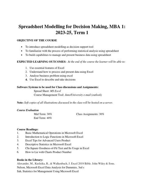 spreadsheet modelling course outline pdf