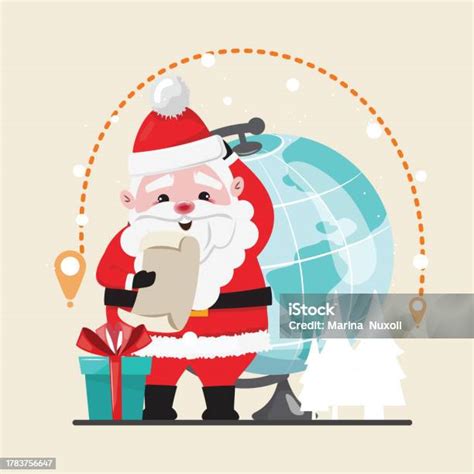 산타 클로스 독서 배달 목록 옆에 지구본 배송 목적지 크리스마스 서프라이즈 컨셉 일러스트 여행 목적지에 대한 스톡 벡터 아트 및 기타 이미지 Istock