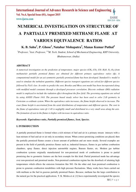 Pdf Numerical Investigation On Structure Of A Partially Premixed Methane Flame At Various