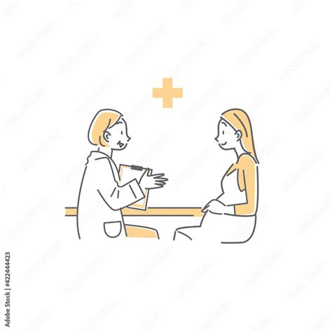 産婦人科でベテラン医師の診察を受ける若い女性のシンプルでおしゃれな線画イラスト Ilustración De Stock Adobe Stock