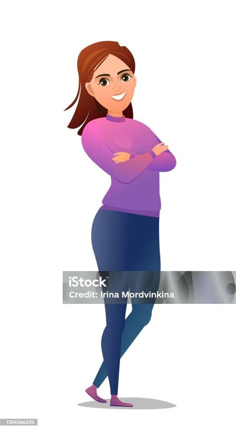 바지와 스웨터에 잘 생긴 여자 쾌활한 중년 소녀 쾌활한 사람 스탠딩 포즈 만화 만화 스타일의 평면 디자인 단일 문자입니다 흰색