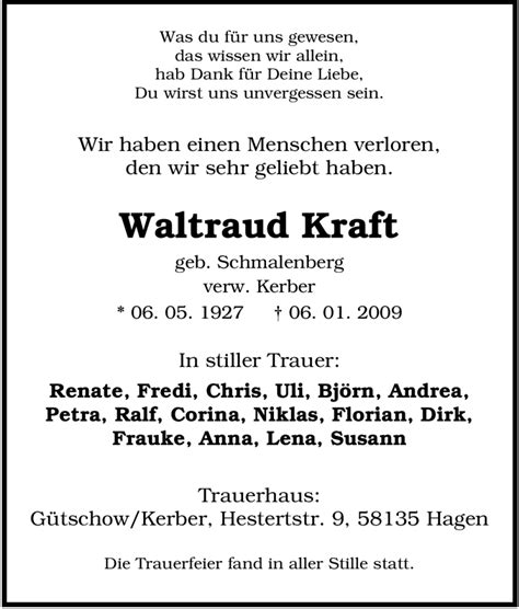 Traueranzeigen Von Waltraud Kraft Trauer In Nrw De
