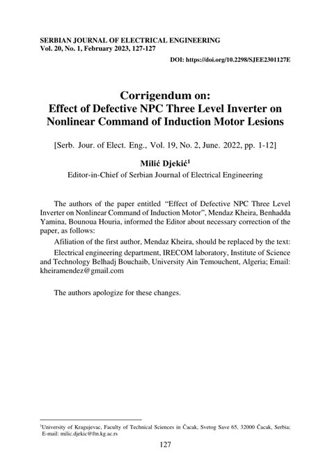 Pdf Corrigendum On Effect Of Defective Npc Three Level Inverter On