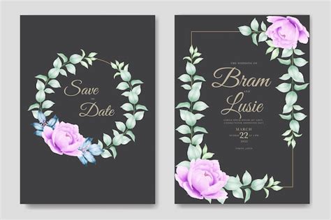 결혼식 초대 카드 꽃과 잎 수채화 프리미엄 벡터