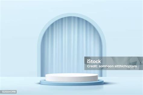 아치 모양의 배경과 파란색 커튼현대 흰색 파란색 실린더 받침대 연단 추상 파스텔 블루 컬러 최소 벽 장면 벡터 렌더링 3d 모양