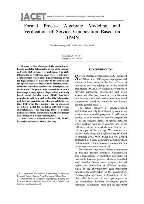 Pdf Formal Process Algebraic Modeling And Verification Of Service Composition Based On Bpmn