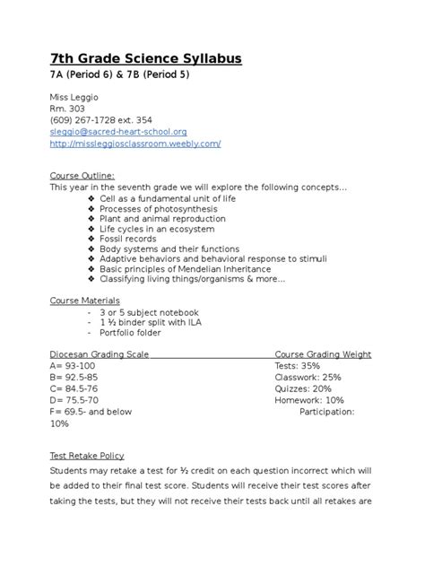 7th Grade Science Syllabus 7a Period 6 And 7b Period 5 Pdf Lifestyle