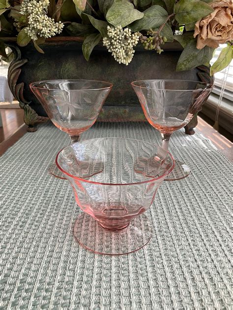 6 Assorted Pink Depression Glassware Cone Shaped Glasses Etched
