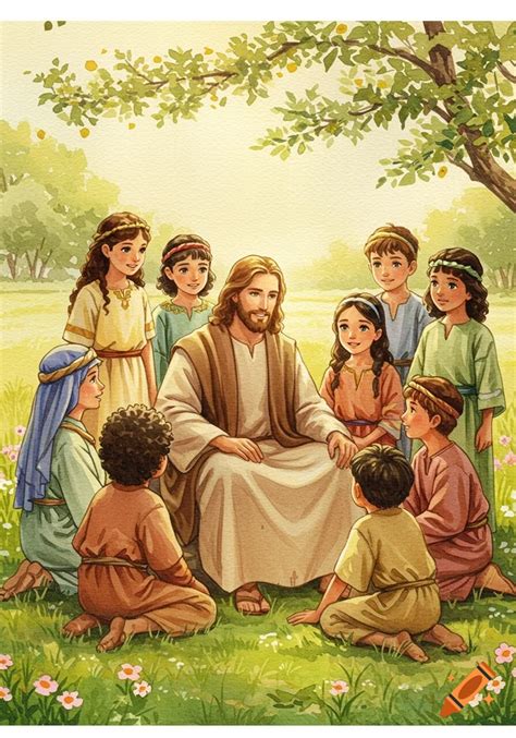 Watercolor Illustration Of Jesus Sitting With A Group Of Diverse