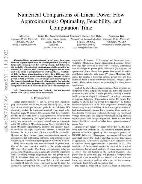 Pdf Numerical Comparisons Of Linear Power Flow Approximations Optimality Feasibility And