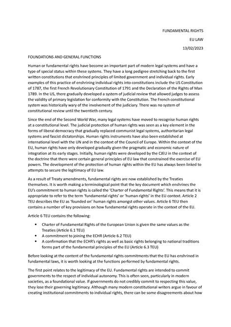 Fundamental Rights Lecture Notes Fundamental Rights Eu Law 13 02 Foundations And General