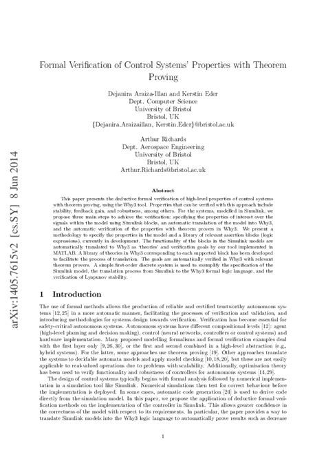 Pdf Formal Verification Of Control Systems Properties With Theorem