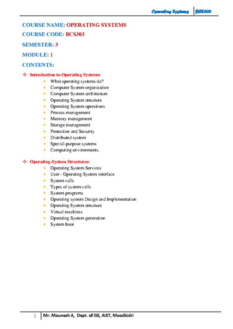 Module 1introduction Os Course Name Operating Systems Course Code Bcs Semester 3 Module