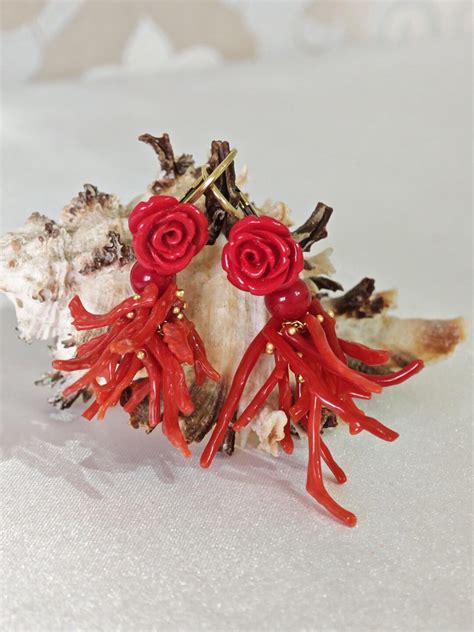 Mediterranean Red Coral Earrings White Pearls With Red Roses Italian