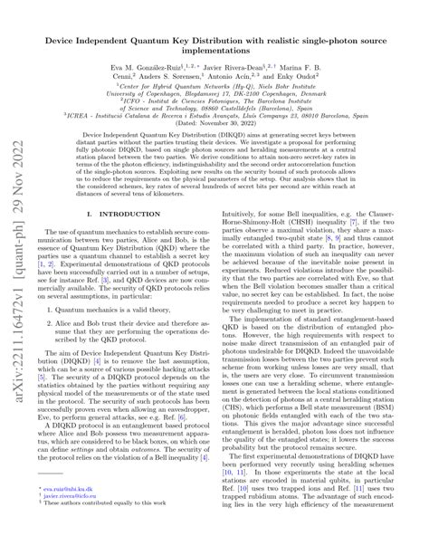 Pdf Device Independent Quantum Key Distribution With Realistic Single Photon Source