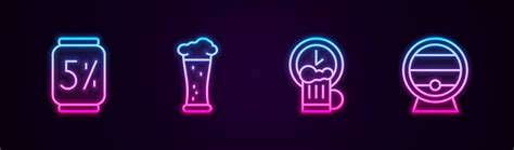 세트 라인 맥주 캔 맥주 한 잔 해피 아워 및 나무 배럴을 랙에 놓습니다 빛나는 네온 아이콘 벡터 아이콘에 대한 스톡 벡터 아트 및 기타 이미지 Istock