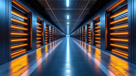 Premium Photo Modern Data Center Corridor With Orange Illuminated Server Racks