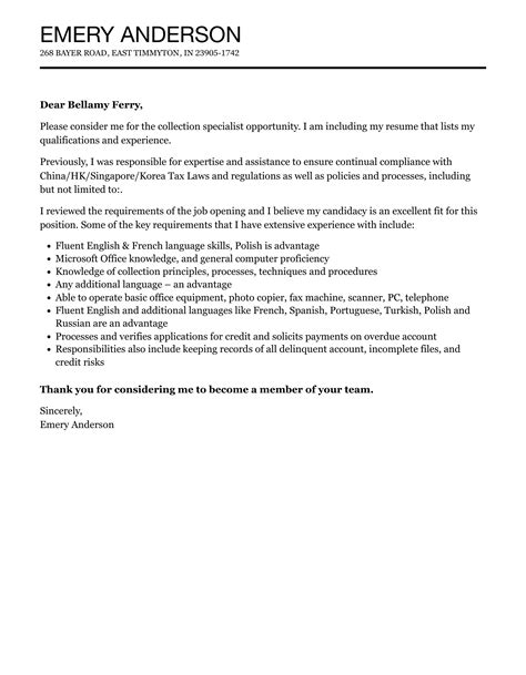 Collection Specialist Cover Letter Velvet Jobs