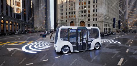 거리 스마트 차량 기술 개념 3d 렌더링에서 자율 주행 전기 버스 프리미엄 사진