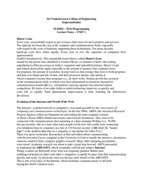 Svce Web Programming Lecture Notes Unit 1 Moores Law And Internet Evolution Pdf Hypertext